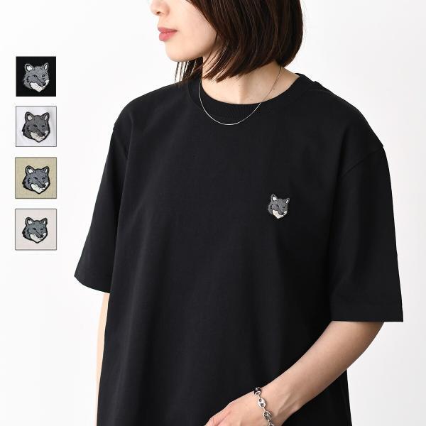 MAISON KITSUNE レディース キツネ Tシャツ トップス 半袖  グレイフォックスヘッド コンフォート PM00108 KJ7025 メンズ ユニセックス  ホワイト ベージュ カーキグリーン ブラック 刺しゅう クルーネック 春夏