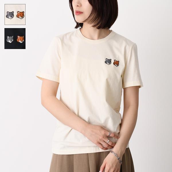 MAISON KITSUNE メゾン キツネ  Tシャツ カットソー ダブル フォックスヘッド レギュラー OW011CF KJ7026 レディース ブラック ベージュ 半袖 ロゴ 春夏 おすすめ
