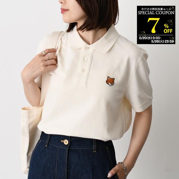 MAISON KITSUNE メゾン キツネ ポロシャツ フォックスヘッド レギュラー ポロ PM00209 KP0002 レディース ユニセックス ベージュ コットン 半袖 刺繍パッチ レギュラーカット 刻印入りボタン カジュアル