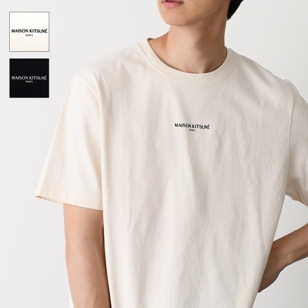 MAISON KITSUNE メゾン キツネ Tシャツ トップス MAISON KITSUNE PARIS コンフォート Tシャツ QM00100 KJ7025 メンズ ユニセックス ベージュ ブラック コットン 半袖 クルーネック 刺しゅう
