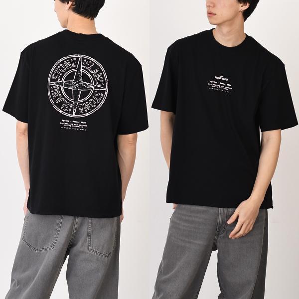 STONE ISLAND ストーンアイランド トップス 2100001 Stone プリント Tシャツ レギュラーフィット 2100001 S0285 メンズ ブラック オーガニックコットン 半袖 ロゴ