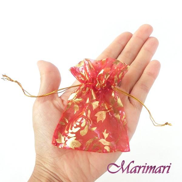 再入荷 極小サイズボルドー地に金色の薔薇の花デザインネットショップ運営にウェディングドラジェ入れにプレゼント用に！小物携帯用にオーガンジー巾着 極小サイズ 内寸約6×6.5cm 模様入りオーガンジー巾着20枚セットボルドー地に金色の薔薇の花...