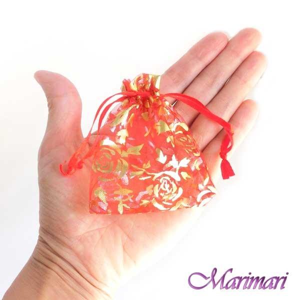 少量お試しセットレッド地に金色の薔薇デザインネットショップ運営にウェディングドラジェ入れにプレゼント用に小分け収納小物携帯用にプチオーガンジー巾着5枚セット極小サイズ　内寸約6.5×7cm　模様入レッド朱赤地に金色の薔薇デザインピアスやリン...