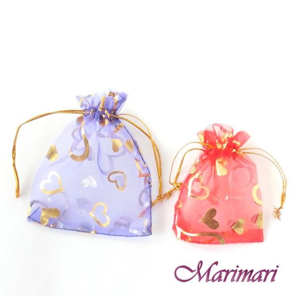 新入荷☆ 待望のミックスセットネットショップ運営にウェディングドラジェ入れにプレゼント用に小分け収納用にプチオーガンジー巾着 極小と小サイズ２種ハート模様入り20枚セットパープル地に金色のハートレッド地に金色のハートピアスやリング入れに