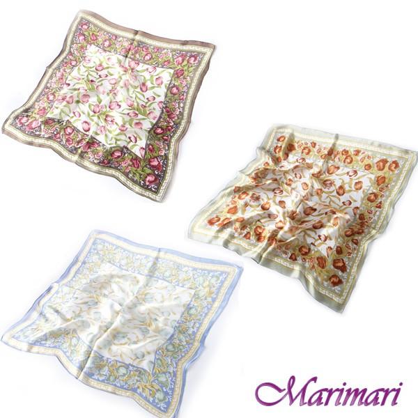 約50cm正方形 絹100%スカーフバーガンディ ロイヤルブルーお誕生日、母の日、敬老の日の贈り物に最適シルクスカーフ　華麗なチューリップ柄ネッカチーフサイズ約50cm正方形ロイヤルカラー