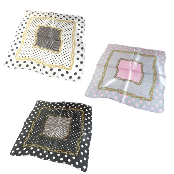 キャビンアテンダント巻き 絹100%スカーフバッグに巻いてもインパクト大お誕生日、母の日、敬老の日の贈り物に最適シルクスカーフ　ドット×ストライプ柄ネッカチーフサイズ約50cm正方形チェーン柄ホワイト グレー ブラック