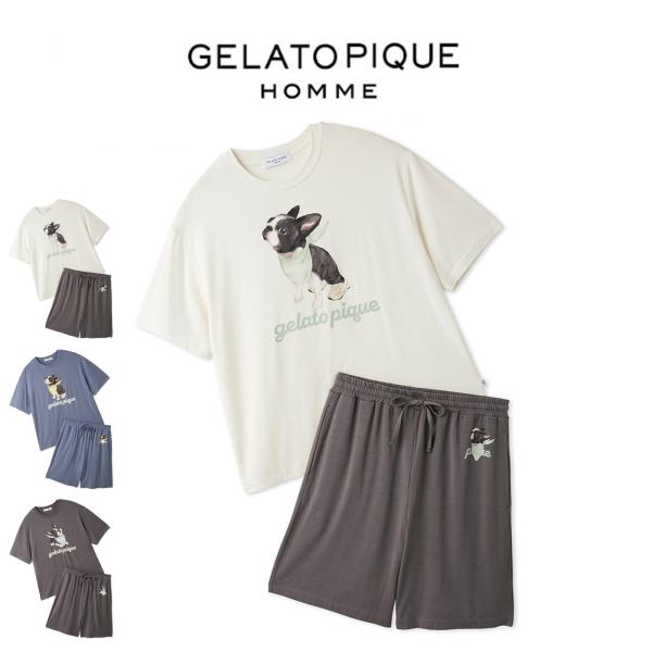 GELATO PIQUE HOMME (ジェラートピケ オム)接触冷感 レーヨンボストンテリアワンポイントTシャツ&amp;ハーフパンツセット phct262937■素　材■本体:レーヨン91%、ポリウレタン9%別布:【Tシャツ】レーヨン8...