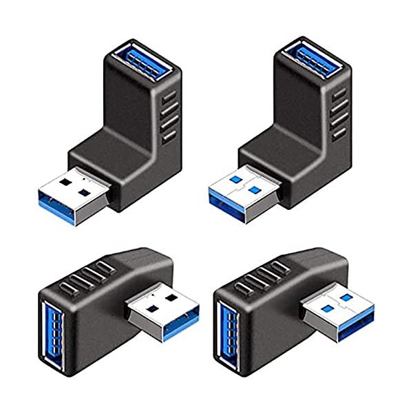 【90° 直角デザイン】USB3.0 A(オス) - USB A(メス)L字型のUSB 直角 アダプタです。【パッケージ内容】上向き下向き左向き右向き１個ずつ合計４個セットで、多種な場合に適応です。USB端子の向きを自由自在に変換できます。...