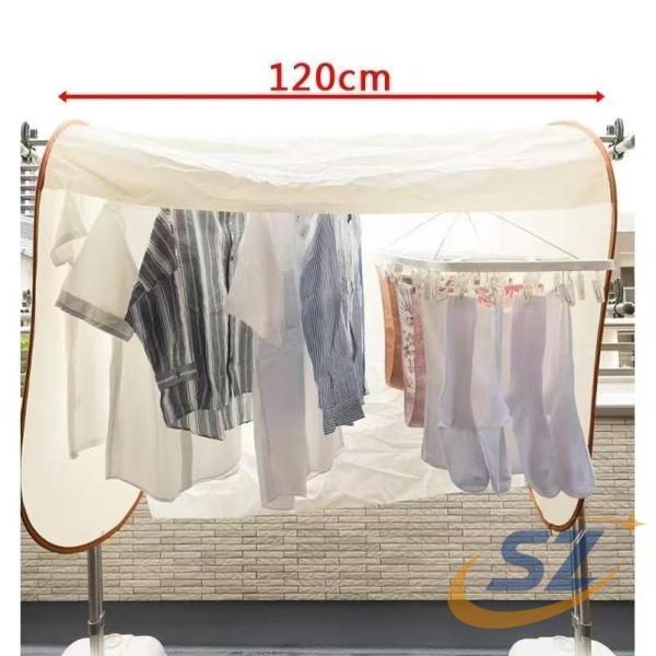 ■使用時サイズ(約) ：幅120×高さ102×奥行63cm■収納時のサイズ(約) ：幅34×高さ4×奥行34cm■材質 ：ポリエステル・EVA70％PE30％フィルム■容量たっぷりの幅120cmのワイドサイズです。急な雨でも安心！洗濯物をし...