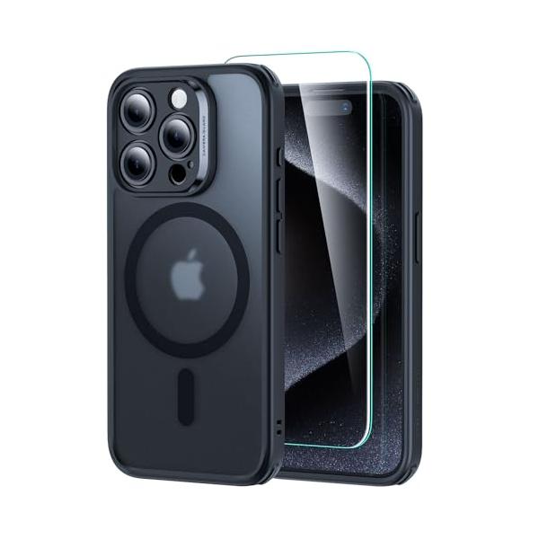 【互換性】iPhone 15 Pro 専用、半透明マットケース、強化ガラススクリーン保護フィルム、可能なイージープレスボタン2セット、位置合わせフレーム [位置合わせフレームは、保護フィルムの位置合わせをサポートするツールであり、スマホケー...