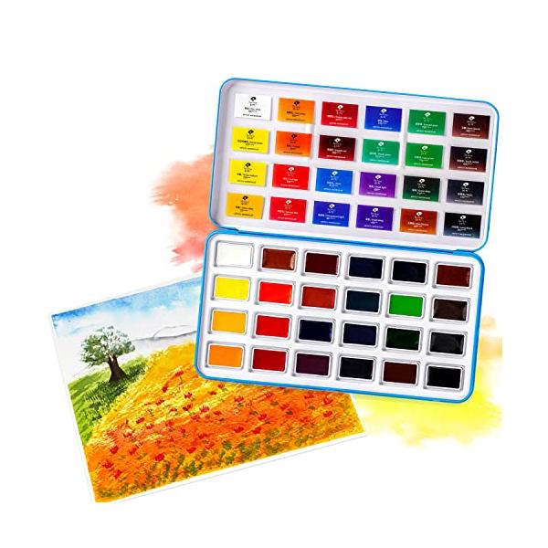?【鮮やかな24色&amp;大容量】鮮やかで透明感あり、よく使うの24基本色が揃ったセットです。超大容量の固形水彩、１つは普通の２つにに相当します。きれいなにじみ、溶けが早くて色が鮮やかで、絵てがみ愛好者のために開発します。?【優れた透明度...