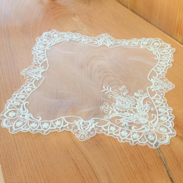 おしゃれなレースナプキンです。薄グリーン色の花模様にビーズが所々に施されておりとても綺麗です。お菓子やデザート皿を乗せたり、お気に入りの小物を置いても素敵です。それぞれを引き立てる美しさを持っています。トルコでも人気のあるお品物です。【サイ...