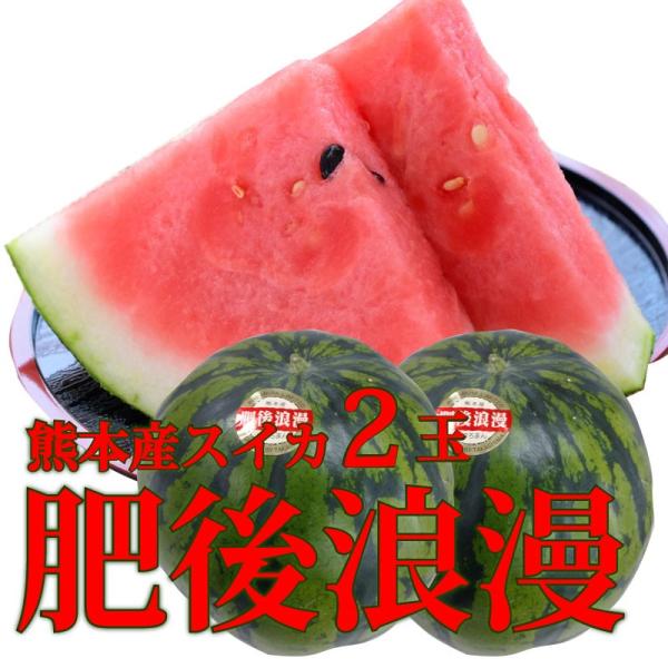 商品詳細　商品名　　：熊本産　肥後浪漫スイカ2玉（Mサイズ)　産地名　　：熊本産　内容量　　：２玉入り（1玉約4kg〜5kg）　サイズ　　：Mサイズ　保存方法　：冷暗所で保存してください。　配送方法　：常温便　配送料金　：送料無料（一部地域...