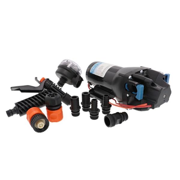 スプレーノズルとポンプガードがセットになったデッキ洗浄用ポンプです。流量：15L/分自吸：3m最大圧力：4.1kg/cm2短時間空運転可圧力スイッチ付配管：3/4インチ(19mm)サイズ：L:239xW:104xH97 mm重量：2.7kg...