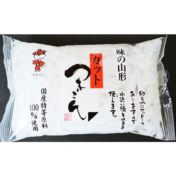 国産特等生いも精粉を使用し、独自の製法により製造されたつきこんにゃくです。ひきが強く、こんにゃく本来の風味、歯ざわり、味しみをご賞味頂けます。つきこんは約５cmにカットしてありますので水洗い後そのまま使えて便利です。