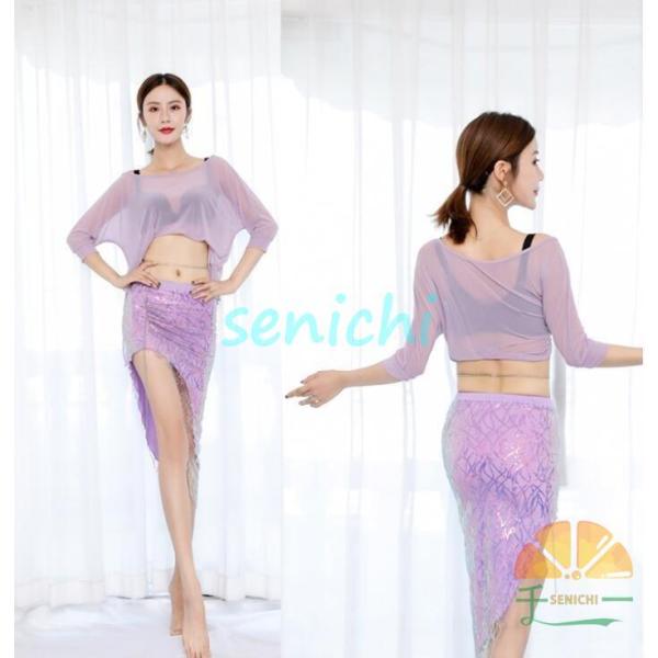 ベリーダンス衣装　社交ダンス衣装　レッスン着練習ウエア　上下セットアップ内容：上下セットアップ（インナーパンツ付、チェーン付かない）サイズ：S：バスト112　着丈65-45　　ウエスト56-66　　スカート丈71 体重40-50kgM：バス...