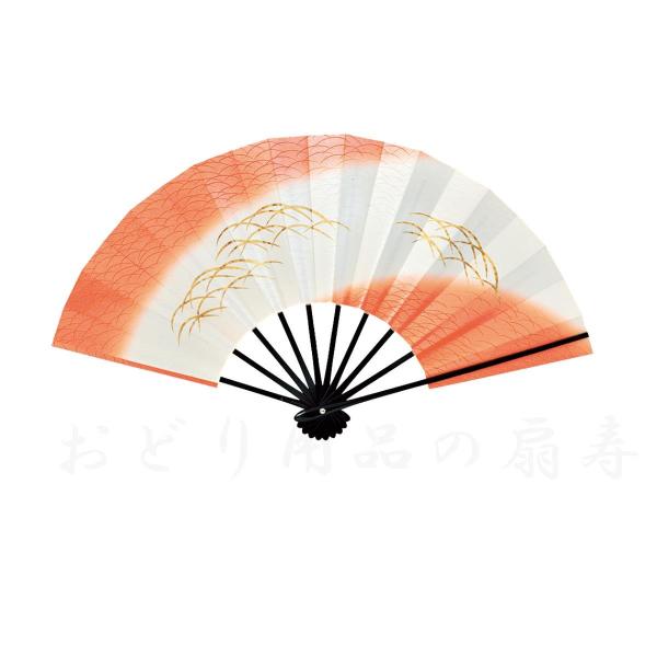 高級舞扇子です。長さ/約29cm。広がり/約50cm。扇骨/黒塗骨。扇面/両面同じ柄。9寸5分。標準的なサイズの舞扇子です。日本製（国産京扇子）。扇箱等は付いていません。親骨には重さのバランスを取るためのおもりが埋め込んであります。ぎりぎり...