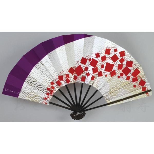 長さ/約29cm。広がり/約50cm。扇骨/黒塗骨。扇面/両面同じ柄。9寸5分。標準的なサイズの舞扇子です。日本製（国産京扇子）。扇箱等は付いていません。親骨には重さのバランスを取るためのおもりが埋め込んであります。ぎりぎりまで値引きしてあ...