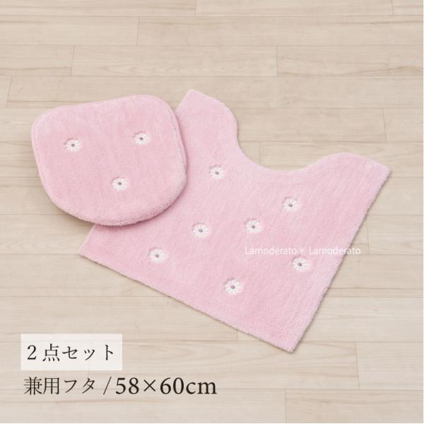【商品詳細】＊トイレマット＊サイズ：約58×60cm(アールから手前約43cm)素材：ポリエステル100％裏面：滑りにくい加工原産国：インドネシア＊フタカバー＊フタのタイプ：兼用フタカバー(普通便座＆温水洗浄・暖房便座兼用)素材：ポリエステ...