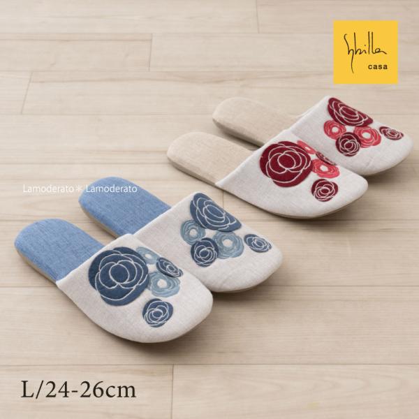 適応サイズ：（Lサイズ）約24〜26cm素材：（甲表・中板）ポリエステル　（甲裏）パイル/綿・地糸/ポリエステル　（底材）PVCカラー：ブルー・レッドカンボジア製ウォッシャブル（タンブラー乾燥はできません）甲いっぱいに大小の花をアップリケ刺...