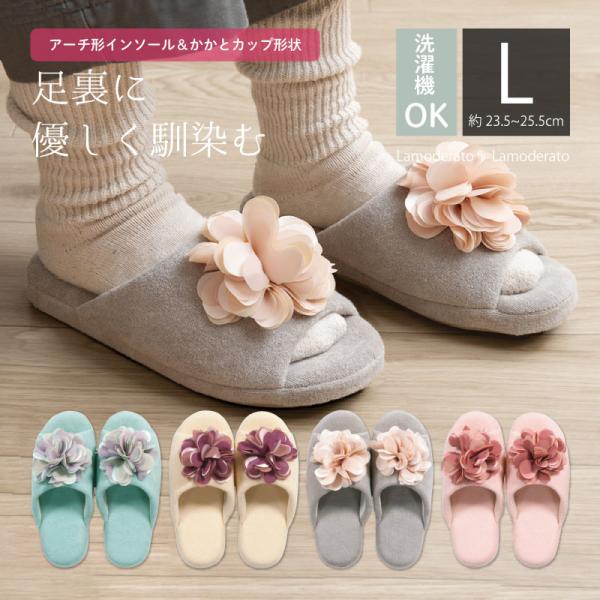 適応サイズ：(Lサイズ)約23.5〜25.5cm素材：（甲・中板）パイル/綿・地糸/ポリエステル　（花）ポリエステルカラー：ブルー・ベージュ・グレー・ピンク中国製ウォッシャブル (タンブラー乾燥はできません)ふんわり揺れる花モチーフが大人か...