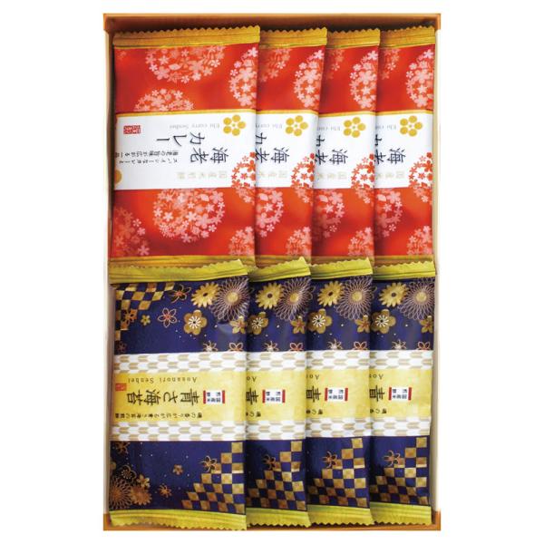 ●箱サイズ:14×22×5cm●箱入重量:0.1kg●セット内容:セット内容/青さ海苔煎餅・海老カレー煎餅×各4●賞味期限:常温6ヶ月●アレルゲン:乳・えび※(1)包装済