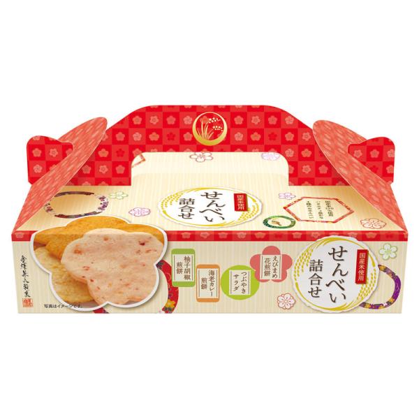 ●箱サイズ:14×22×10cm●箱入重量:0.1kg●セット内容:セット内容/えびまめ花煎餅・つぶ焼きサラダ煎餅×各3、海老カレー煎餅・柚子胡椒煎餅×各2●賞味期限:常温6ヶ月●アレルゲン:乳・えび