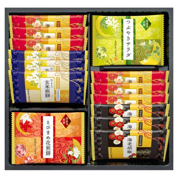 国産米100%を使用した5種類の煎餅の詰合せです。加賀友禅をモチーフに色鮮やかにデザインされた目で見てきれいな米菓ギフトです。●箱サイズ:25×25×4cm●箱入重量:0.3kg●セット内容:セット内容/海老カレー煎餅×6、えびまめ花煎餅・...