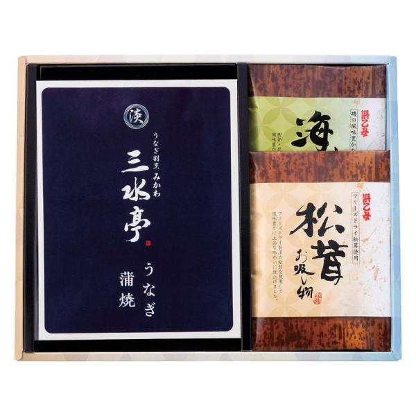 ●箱サイズ:21.5×26.3×4cm●箱入重量:0.3kg●セット内容:セット内容/三水亭 三河一色産うなぎの蒲焼（半身）・浜乙女 海苔お吸物（3.6g×2p）・浜乙女 松茸お吸物（3.4g×2p）×各1●賞味期限:常温8ヶ月