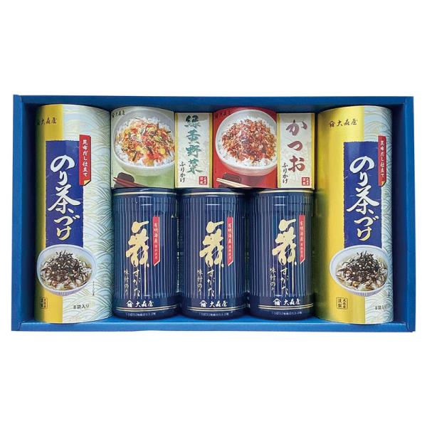 海苔とふりかけ、お茶漬と違った味がいろいろ楽しめる詰合せです。●箱サイズ:24.9×41.9×8.9cm●箱入重量:1.1kg●セット内容:セット内容/有明海産味付のり（10切32枚）×3、のり茶漬（5.4g×8袋）×2、緑黄野菜ふりかけ・...