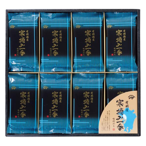 香り豊かでやわらかい有明産の寒摘み一番海苔を味わい豊かに伝統の技で仕上げました。口当たりのよい食感を味わっていただけます。●箱サイズ:31.6×34.2×5.3cm●箱入重量:0.6kg●セット内容:セット内容/味付のり（8切8枚）×24●...