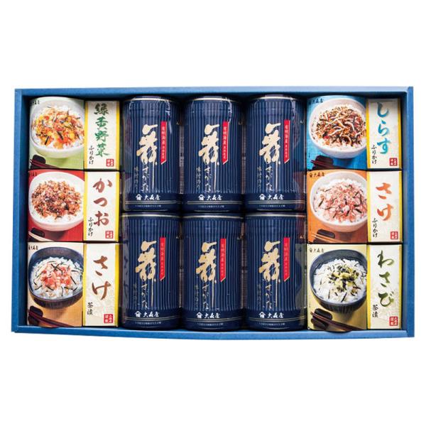 海苔とふりかけ、お茶漬と違った味がいろいろ楽しめる詰合せです。●箱サイズ:29.7×47.7×8.1cm●箱入重量:1.4kg●セット内容:セット内容/有明海産味付のり（10切32枚）×6、さけ茶漬（6.4g×6袋）・わさび茶漬（5.6g×...