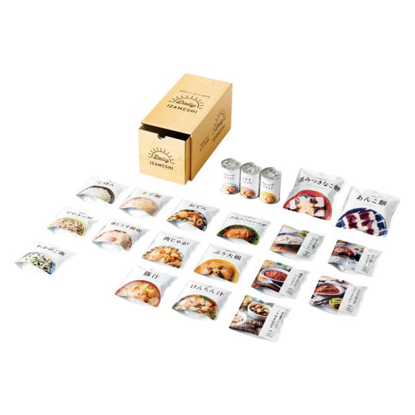 1人3日分の保存食セットごはん7種、おかず9種、パン3種、スイーツ2種が各1個、合計21個。災害時の非常食としてはもちろん、ご家庭のランチ、職場の残業飯などにもオススメです。ボックスは普段使いができる引き出しタイプ。保存食というと棚の奥にし...
