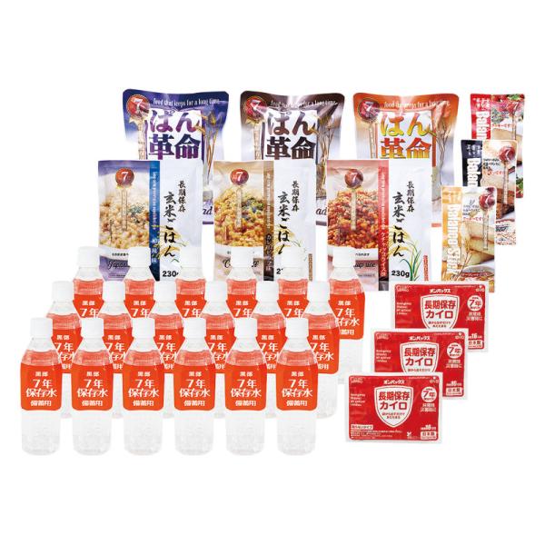 ●箱サイズ:25×37.5×22cm●箱入重量:11.8kg●セット内容:7年保存水（500ml）×18、カイロ・ぱん革命・玄米ごはん・バランススティック×各3●賞味期限:常温7年●アレルゲン:卵・乳・小麦※(1)日本製