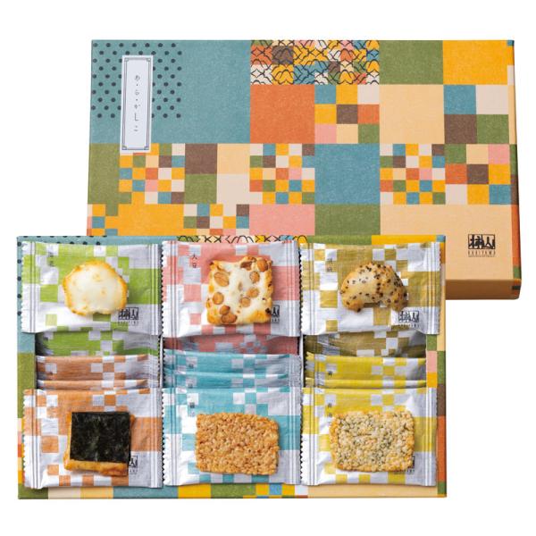 伝統工芸・寄木細工をアレンジしたモダンでカラフルなパッケージは、カジュアルながらも高級感があり、様々な手土産に最適です。中には一口サイズのおかきを6種類詰合せました。●箱サイズ:15.4×25.1×3.5cm●箱入重量:0.2kg●セット内...