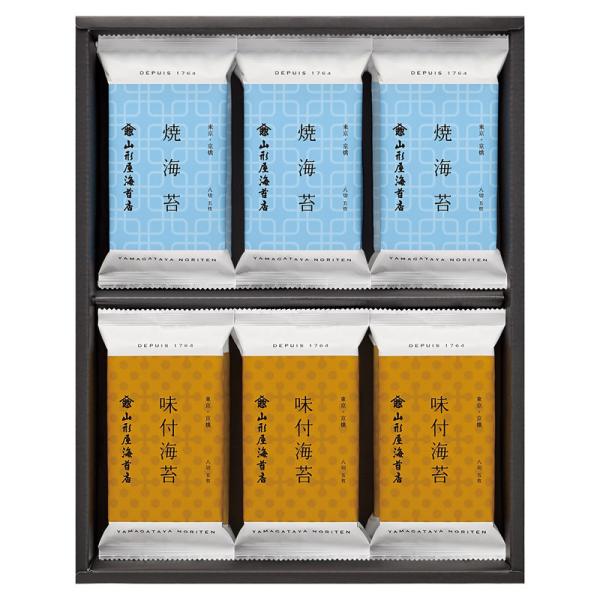 上質な海苔を吟味し、丁寧に焼き上げました。どなたにも喜ばれる使い勝手の良いお詰合せです。●箱サイズ:32×25×5cm●箱入重量:0.5kg●セット内容:味付海苔・焼海苔（各8切5枚）×各6●賞味期限:常温1年6ヶ月●アレルゲン:小麦