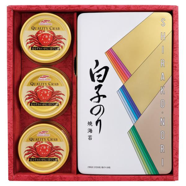 ●箱サイズ:25×23×6cm●箱入重量:0.6kg●セット内容:まるずわいがにほぐし肉（55g）×3、焼のり2袋詰（2切8枚）×1●賞味期限:常温3年●アレルゲン:かに
