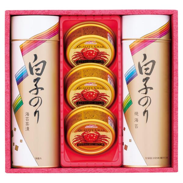 ●箱サイズ:23.5×25.5×8cm●箱入重量:0.8kg●セット内容:まるずわいがにほぐし肉（55g）×3、焼のり12袋詰（8切5枚）・のり茶漬け（10袋）×各1●賞味期限:常温3年●アレルゲン:乳・小麦・かに