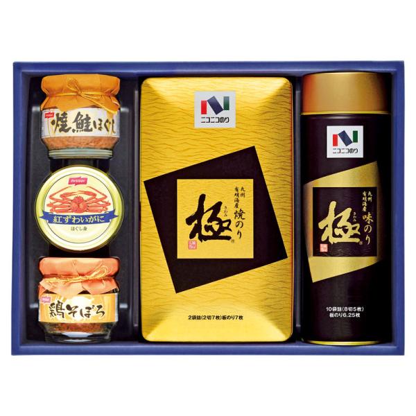 九州有明海産の上質な海苔「極」の味のりと焼のりに缶詰、瓶詰を詰め合わせました。●箱サイズ:25×33×8.2cm●箱入重量:1.2kg●セット内容:味のり丸缶10袋詰（8切5枚）・焼のり半裁缶2袋詰（2切7枚）・紅ずわいがにほぐし身（55g...