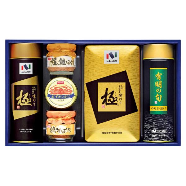 九州有明海産の上質な海苔「極」の味のりと焼のりにのり茶漬け、缶詰、瓶詰を詰め合わせました。●箱サイズ:25×41×8.2cm●箱入重量:1.3kg●セット内容:のり茶漬け缶（6.4g×8袋）・味のり丸缶10袋詰（8切5枚）・焼のり半裁缶2袋...