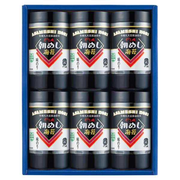 有機丸大豆?油と天然素材をたっぷり使ったたれで調味した、やま磯自慢の味付海苔です。●箱サイズ:29.8×24.3×7.8cm●箱入重量:0.7kg●セット内容:味付のり（8切26枚）×6●賞味期限:常温1年3ヶ月●アレルゲン:小麦・えび