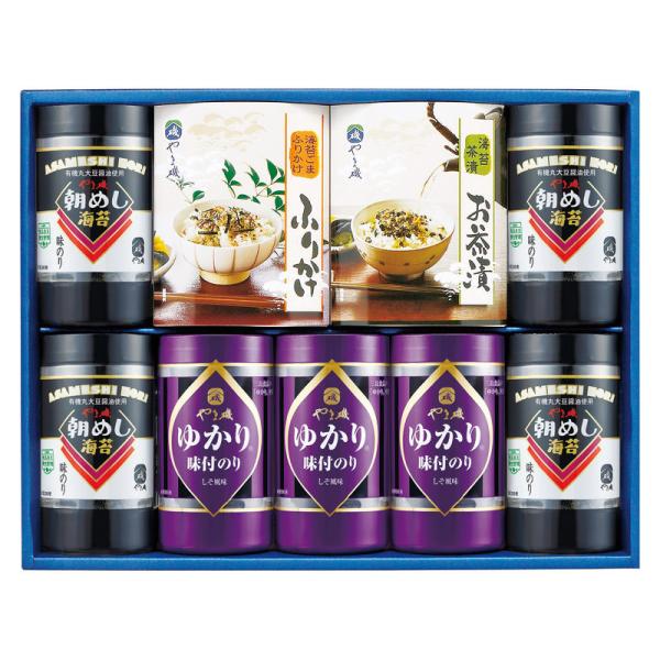 有機丸大豆醤油使用のたれで調味したコクと旨味のある味付のりと三島食品「ゆかり?」をブレンドしたたれで調味したしそ風味のり、風味の良い焼海苔とあられ・抹茶等をブレンドしたさっぱりとした後味の海苔茶漬、やま磯自慢の味付のりを贅沢に使用し香ばしい...