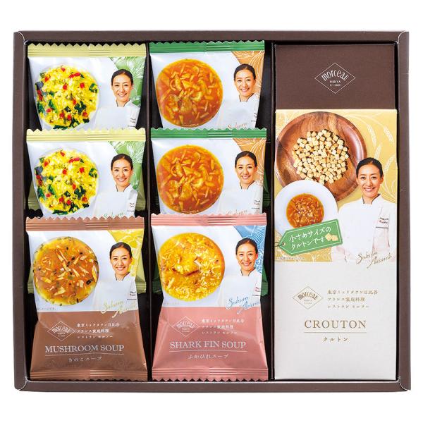 フランス家庭料理レストランmorceau 秋元さくら監修のフリーズドライスープギフト。 豊かな4種のスープとクルトンのギフトセットです。●箱サイズ:26.5×24.5×3.5cm●箱入重量:0.2kg●セット内容:野菜たまごスープ・オニオン...