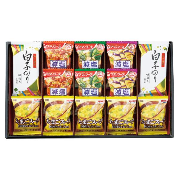 アマノフーズのだしの旨みと香りが引き立つ減塩おみそ汁とたまごスープに白子味のリを組み合わせてギフト商品です。●箱サイズ:24.4×41.9×4.5cm●箱入重量:0.4kg●セット内容:宝幸 たまごスープ×5、白子のり 味のリ（8切5枚）・...