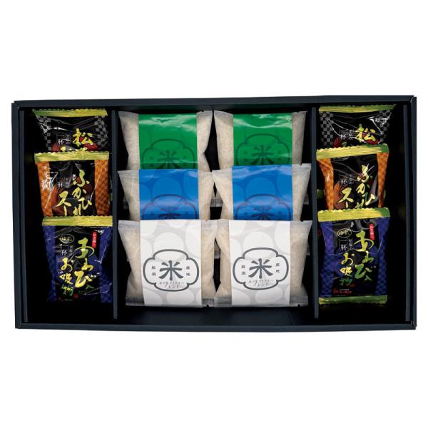 ●箱サイズ:24.5×41×6cm●箱入重量:1.2kg●セット内容:新潟県産コシヒカリ・新潟県産こしいぶき・五ツ星マイスターブレンド米（各150g）・ふかひれスープ（5.5g）・松茸のお吸物（4.2g）・あわび入お吸物（4g）×各2●賞味...