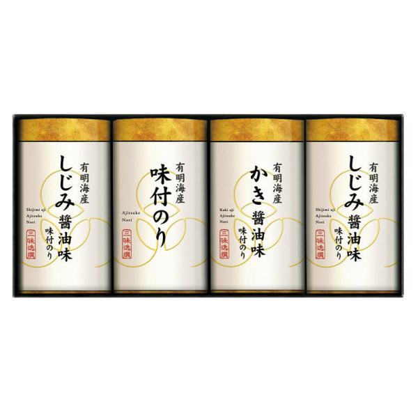 ●箱サイズ:14.3×30.3×7.5cm●箱入重量:0.2kg●セット内容:有明海産しじみ醤油味付海苔（8切16枚）×2、有明海産味付海苔・有明海産かき醤油味付海苔（各8切16枚）×各1●賞味期限:常温1年6ヶ月●アレルゲン:小麦・えび