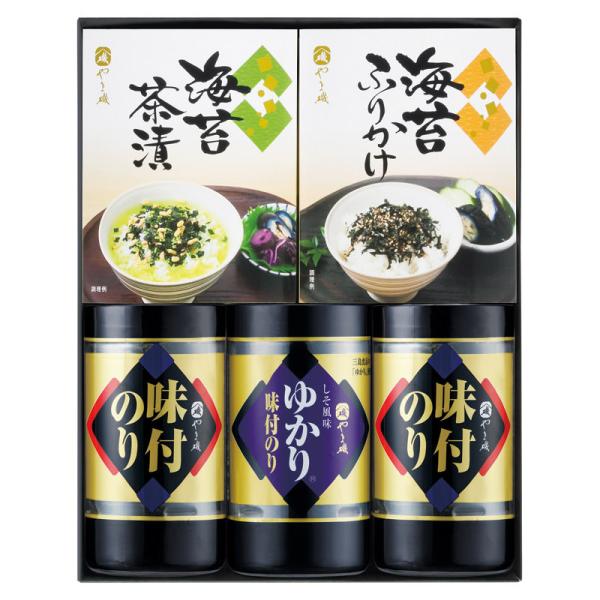 有機丸大豆醤油使用のたれで調味したコクと旨味のある味付のりと三島食品「ゆかり?」をブレンドしたたれで調味したしそ風味のり、風味の良い焼海苔とあられ・抹茶等をブレンドしたさっぱりとした後味の海苔茶漬、やま磯自慢の味付のりを贅沢に使用し香ばしい...