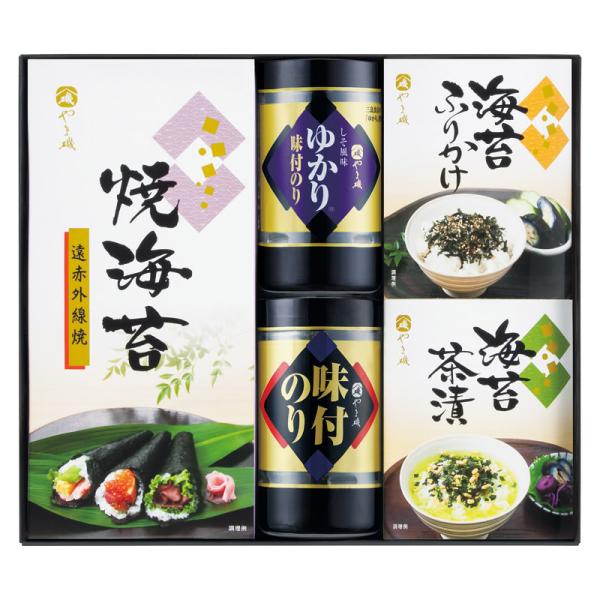 有機丸大豆醤油使用のたれで調味したコクと旨味のある味付のりと三島食品「ゆかり?」をブレンドしたたれで調味したしそ風味のり、遠赤外線でむらなく焼き上げたパリッとした食感の焼のり、風味の良い焼海苔とあられ・抹茶等をブレンドしたさっぱりとした後味...