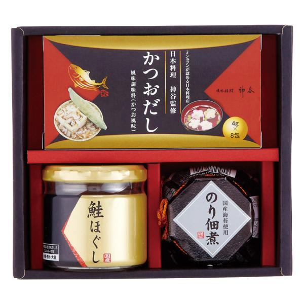 ●箱サイズ:16.5×18×7.5cm●箱入重量:0.6kg●セット内容:鮭ほぐし（50g）・のり佃煮（80g）・かつおだし（4g×8袋）×各1●賞味期限:常温1年●アレルゲン:乳・小麦