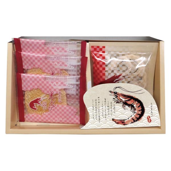 ●箱サイズ:15.8×26.7×4cm●箱入重量:0.1kg●セット内容:赤えびせんべい（1枚）×3、えびせん（うず巻）（10g）×1●賞味期限:常温1年●アレルゲン:小麦・えび